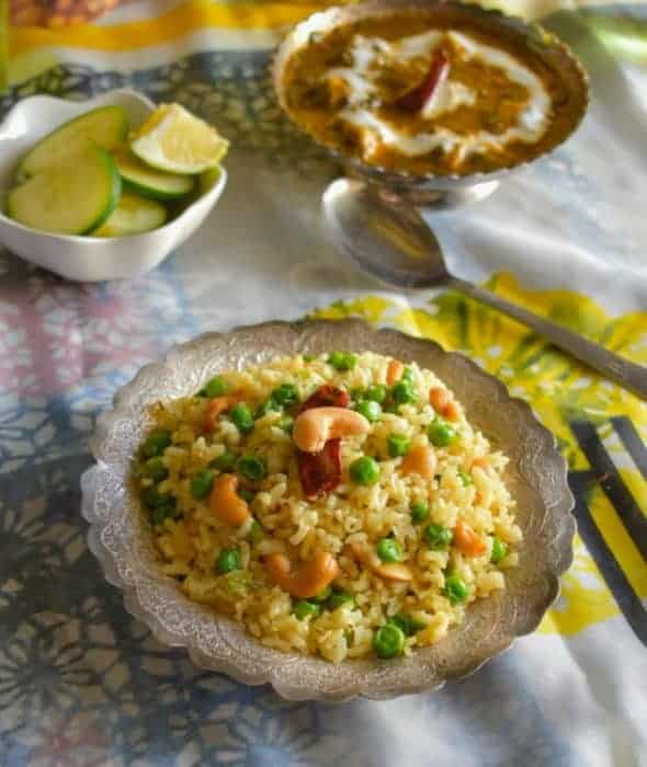 Cashew Peas Brown Rice Pulao Pilaf - Freezable Pulao