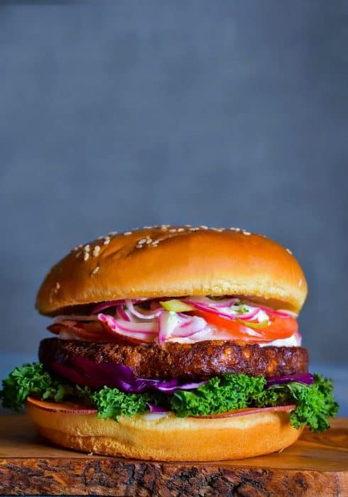 Best Fall Veggie Burger with Pickled Apple - Onion Coleslaw