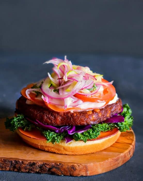 Best Fall Veggie Burger with Pickled Apple - Onion Coleslaw