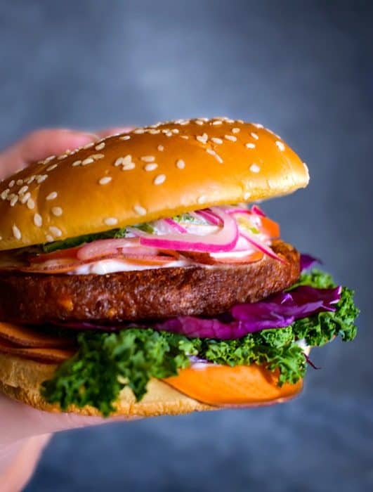 Best Fall Veggie Burger with Pickled Apple - Onion Coleslaw