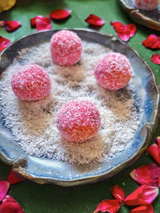 Petha Rose Coconut Ladoo with Condensed Milk (no-cook)