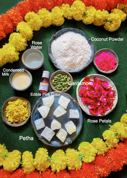 Petha Rose Coconut Ladoo with Condensed Milk (no-cook)